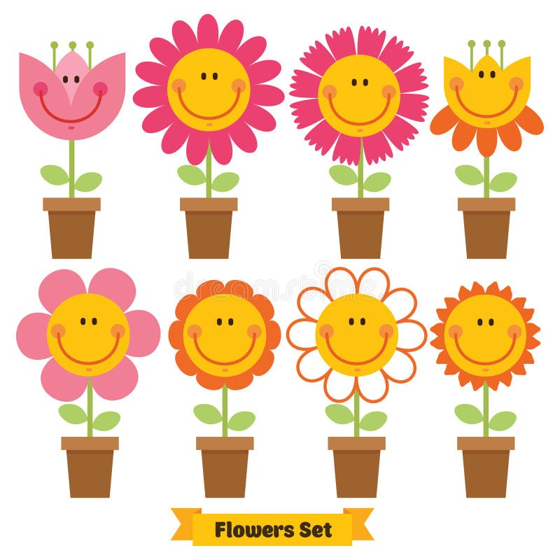 Cute Flowers Emoticon Set. Funny Flowers Collection Stock Vector ...