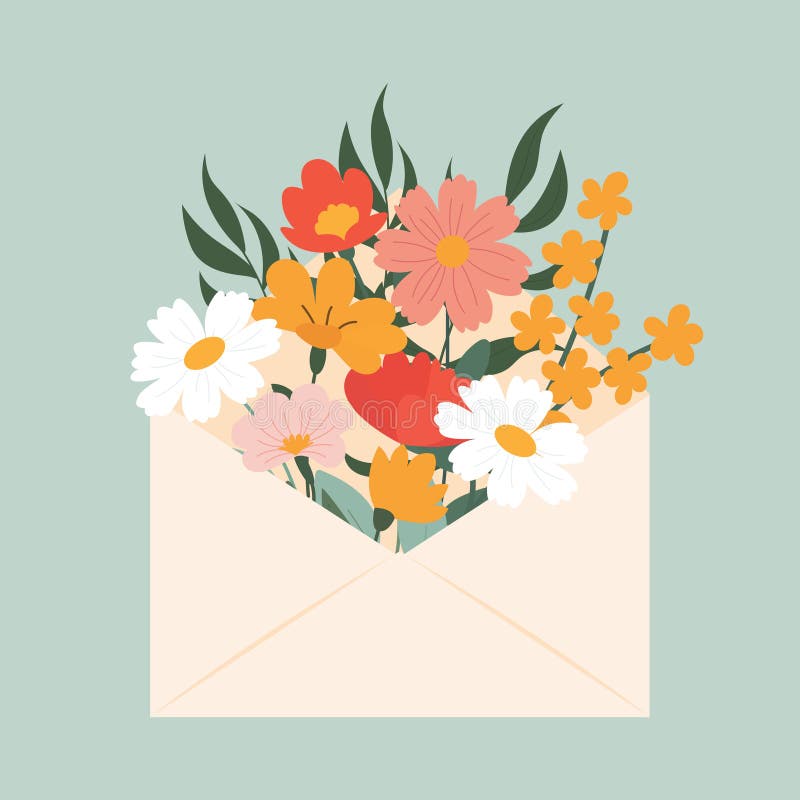 Cute Flowers in an Envelope. Floral Mail. Bouquet of Spring Flowers ...
