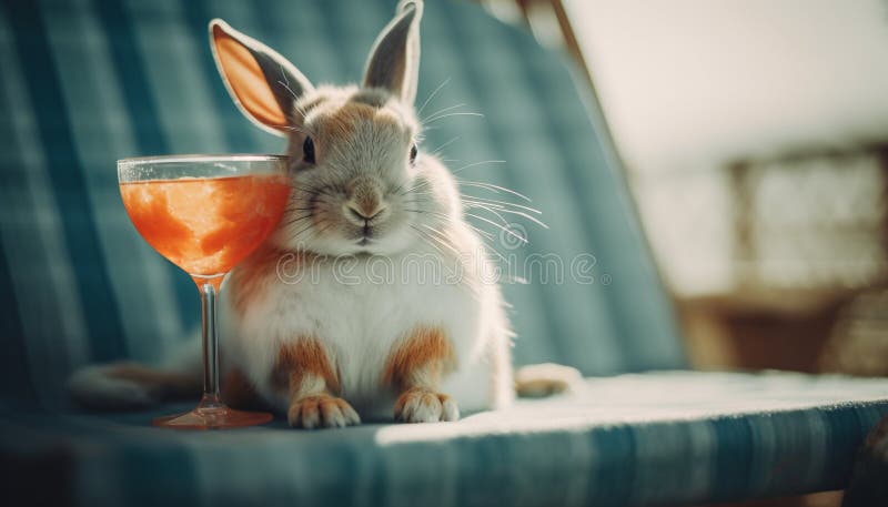 Cute Fluffy Baby Rabbit Sitting on Table Drinking Generated by AI Stock ...