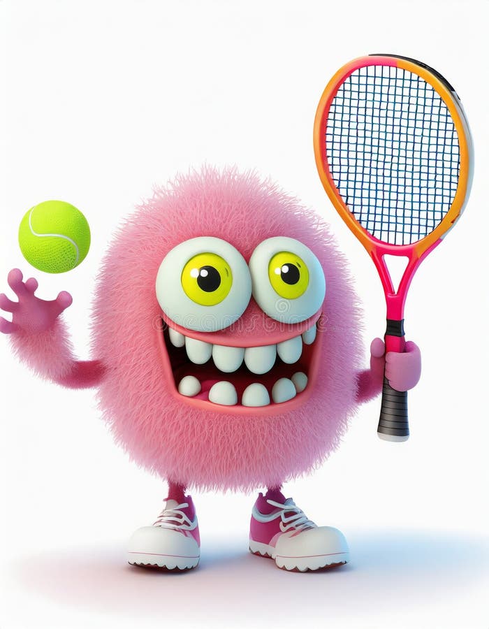 Cute Fluffy Ball Monster Playing Tennis Stock Illustration ...