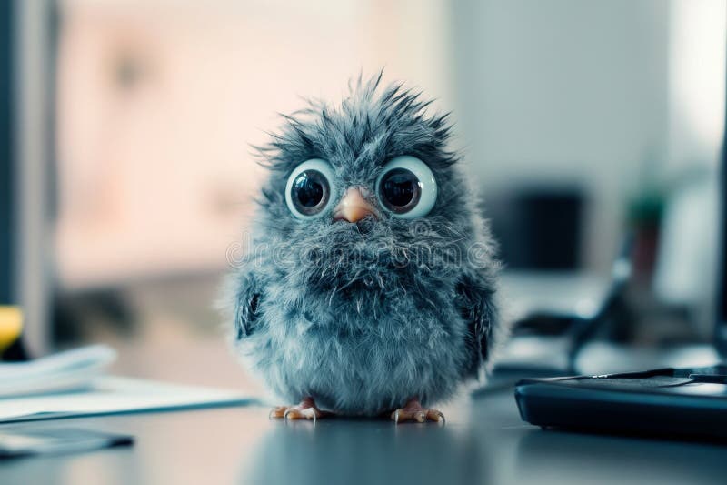 Cute, Fluffy Blue Bird Character Perched on a Busy Work Desk, Ideal ...
