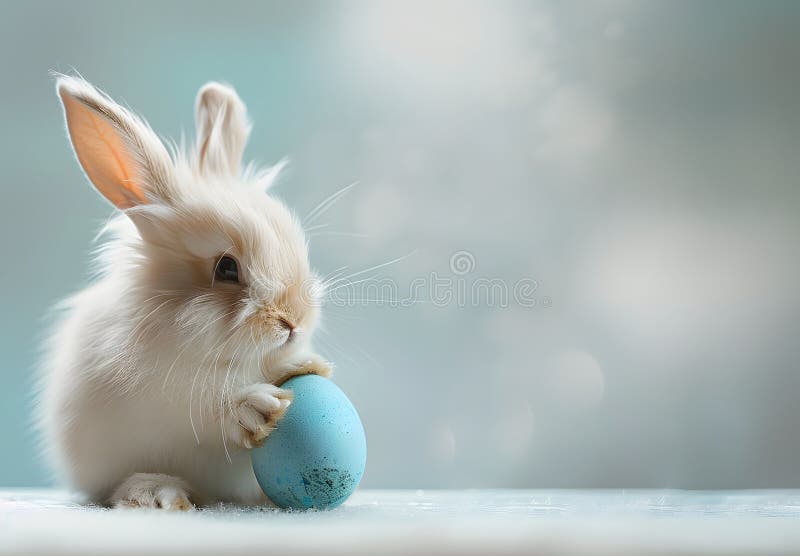 Cute Fluffy Bunny Holding Blue Easter Egg Stock Illustration ...