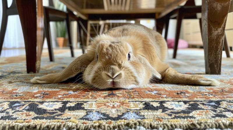 Cute Fluffy Bunny Rabbit Lying on a Carpet Under a Dinner Table Stock ...