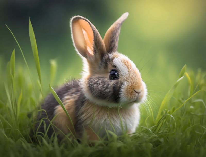 Cute Fluffy Bunny Sits in Green Grass on the Lawn. Rabbit in the Wild ...