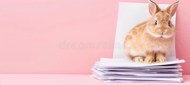 Cute Fluffy Bunny Sitting on a Stack of Papers, Office Life, Pets, and ...