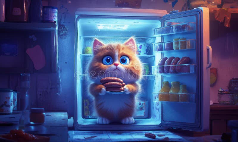 Cute Fluffy Cat Holding Sausages in Open Refrigerator at Night Stock ...