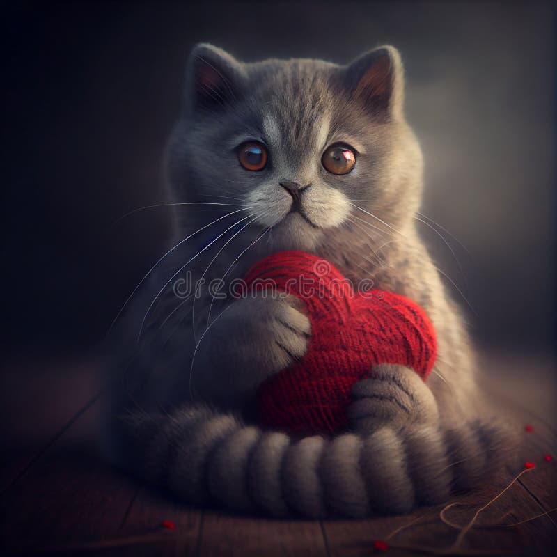 Cute Fluffy Cat with Knitted Heart. Generative AI Stock Illustration ...