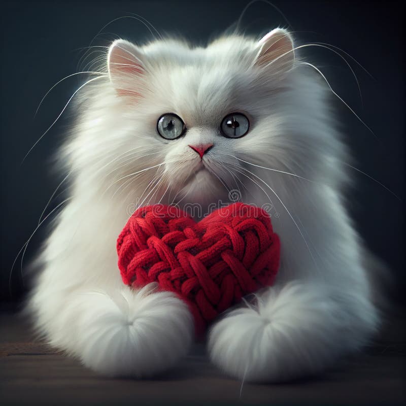Cute Fluffy Cat with Knitted Heart. Generative AI Stock Illustration ...