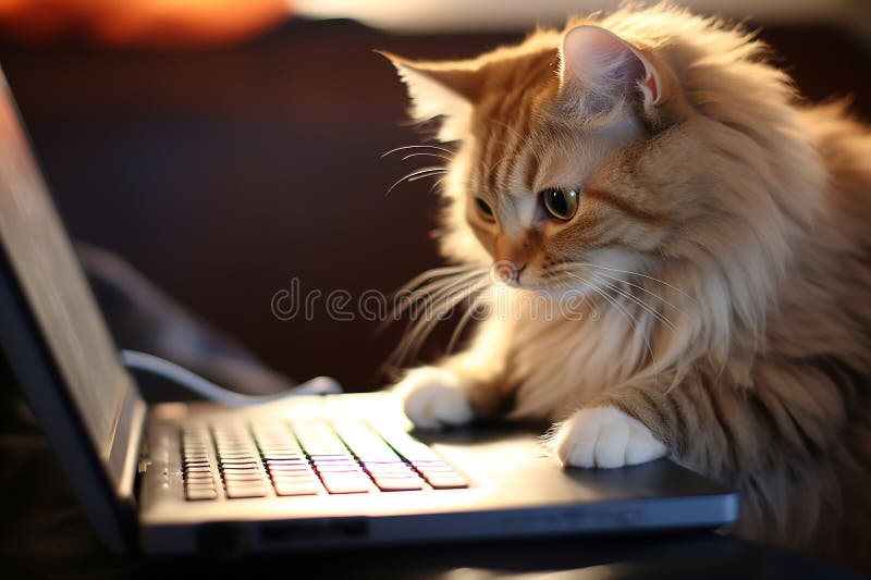 Cute Fluffy Cat Sitting and Playing with Laptop Computer Stock ...