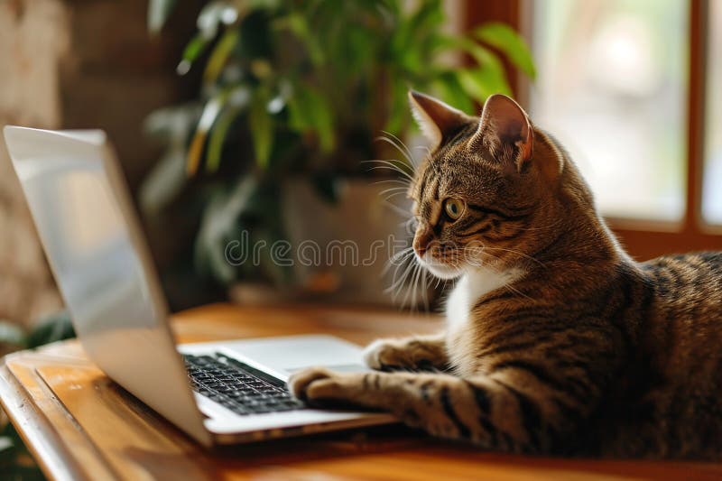 Cute Fluffy Cat Sitting and Playing with Laptop Computer Stock ...