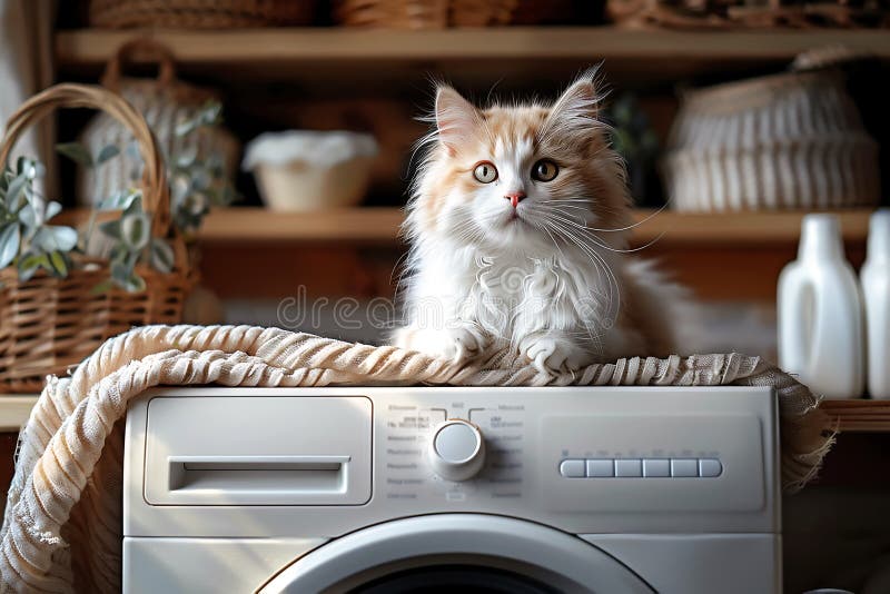 Cute Fluffy Cat Sitting on the Top of Washing Machine in the Laundry ...