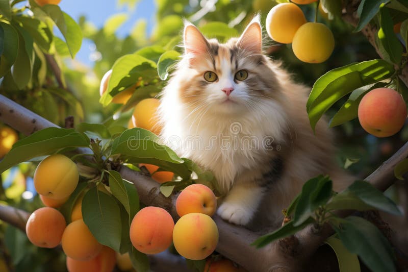 Cute Fluffy Cat on a Tree with Yellow Peaches Stock Photo - Image of ...