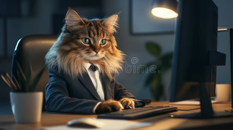A Cute Fluffy Cat Wearing Business Suit is Sitting at an Office Desk ...