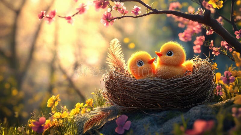 Cute Fluffy Chicks in Nest Amid Blooming Spring Flowers. Happy Easter ...