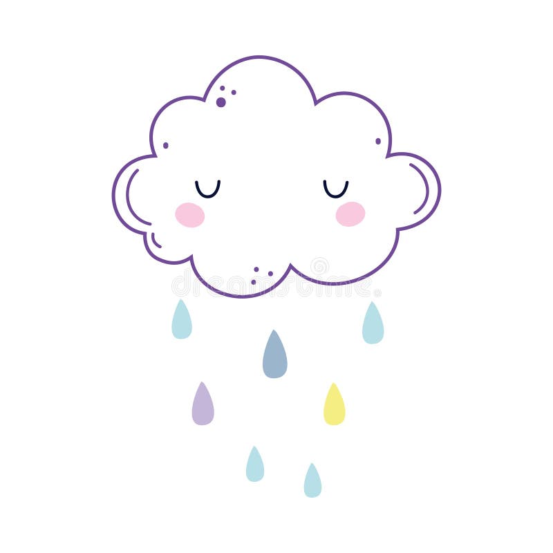 Cute Fluffy Cloud with Falling Down Rain Drops Vector Illustration ...