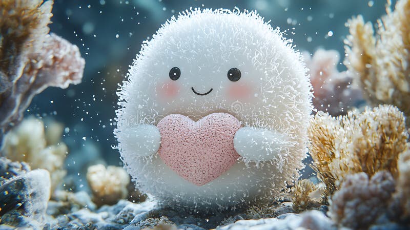 Cute Fluffy Creature Holding a Heart in an Underwater Scene Stock ...