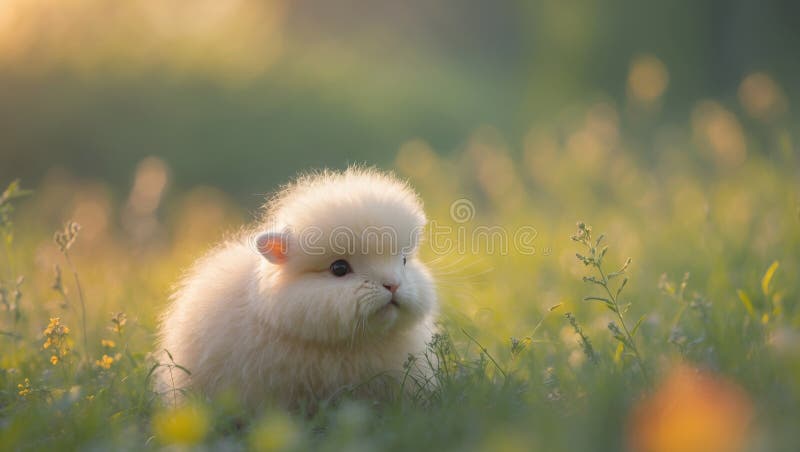 Cute Fluffy Creature Meadow Golden Hour Soft Light Setting Stock Image ...