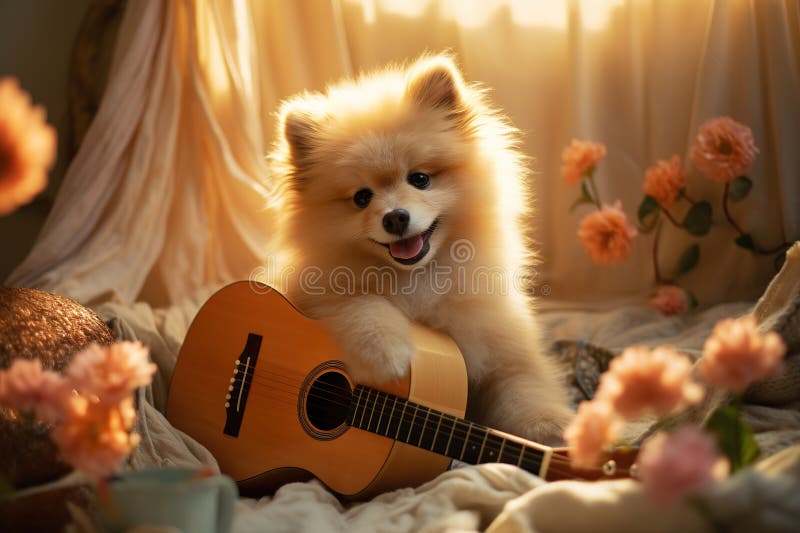 Cute Fluffy Dog Playing Acoustic Guitar in the Room Stock Illustration ...