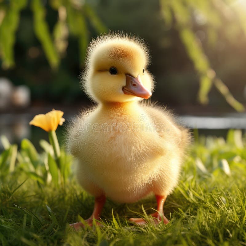Cute Fluffy Duckling on Green Grass Outdoors. Generative AI Stock ...