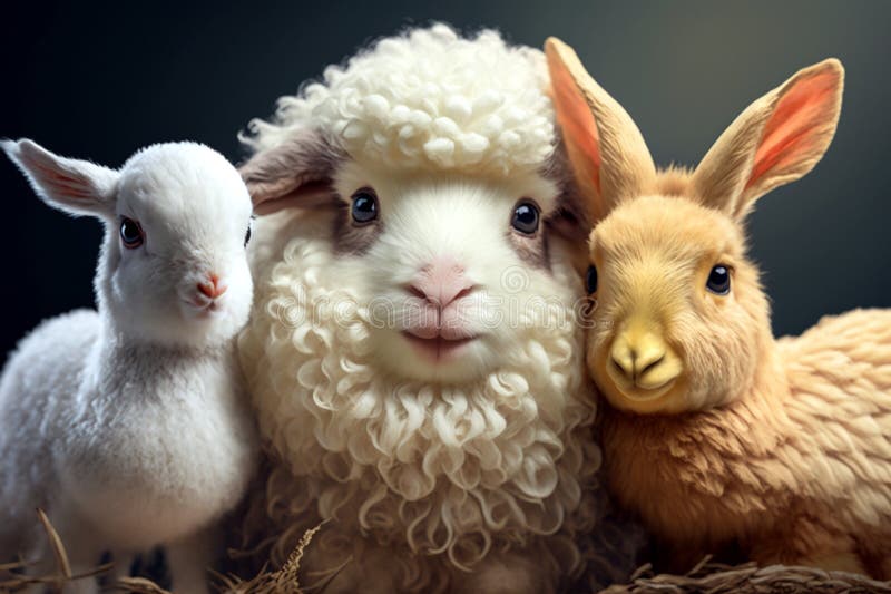 Cute Fluffy Easter Animals, Bunny, Sheep and Goat. Stock Illustration ...
