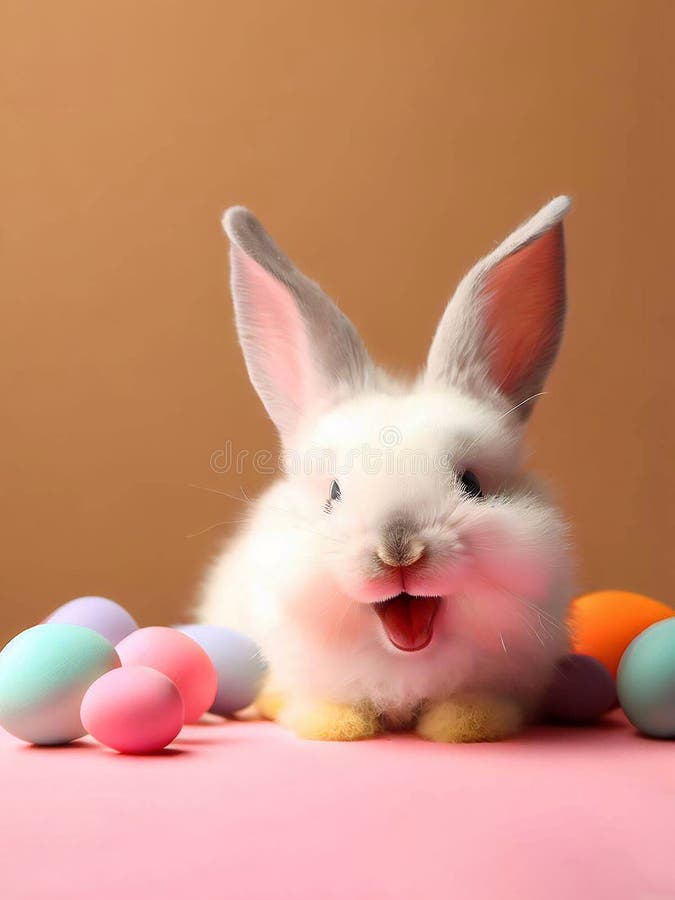 Cute Fluffy Easter Bunny and Easter Eggs Greeting Card Stock ...