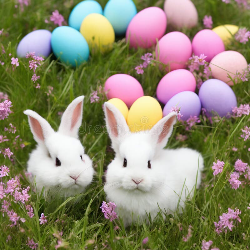 Cute and Fluffy Easter Bunny in a Field of Colorful Easter Eggs ...