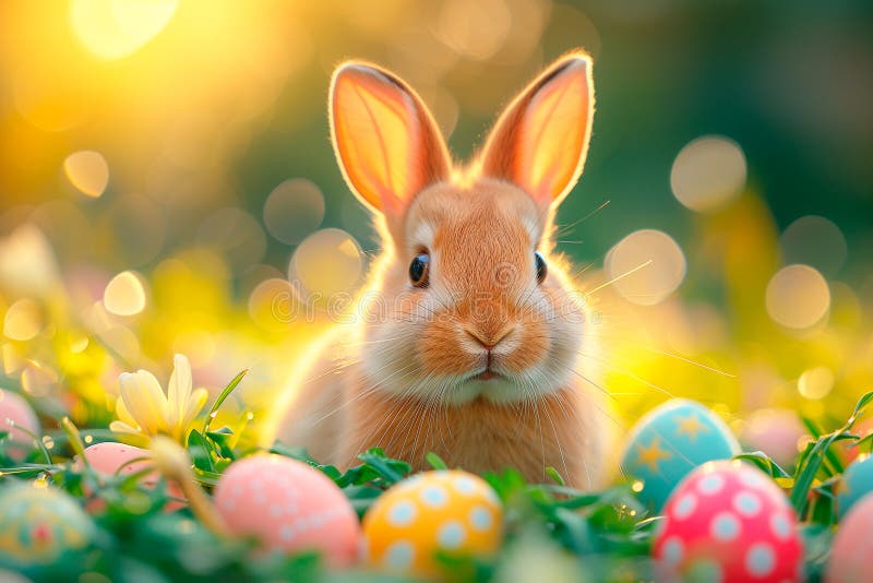 A Cute Fluffy Easter Bunny is Sitting on the Lawn in the Grass among ...