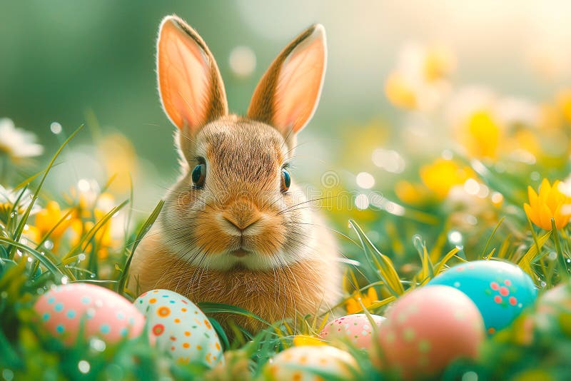 A Cute Fluffy Easter Bunny is Sitting on the Lawn in the Grass among ...