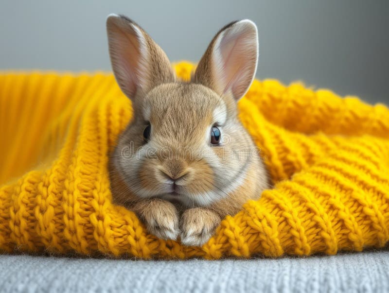 Cute Fluffy Easter Bunny in Yellow Blanket. Funny Rabbit Portrait Stock ...