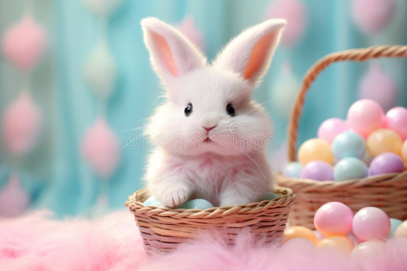 Easter Bunny in a Basket with Easter Eggs Stock Photo - Image of fluffy ...