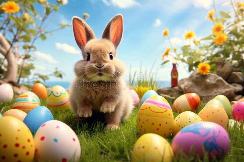 Easter Bunny among Easter Eggs Stock Image - Image of pretty, funny ...