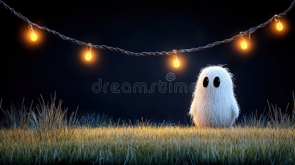 Cute Fluffy Ghost with Glowing Lights Standing on Grass at Night Stock ...
