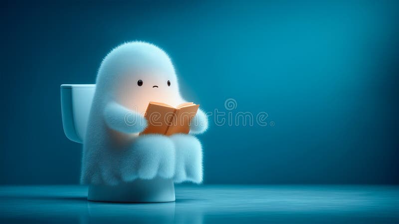 A Cute, Fluffy Ghost Sitting on a Modern Toilet, Reading a Book ...