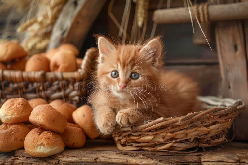 Cute Fluffy Ginger Kitten Resting in Wicker Basket Surrounded by ...