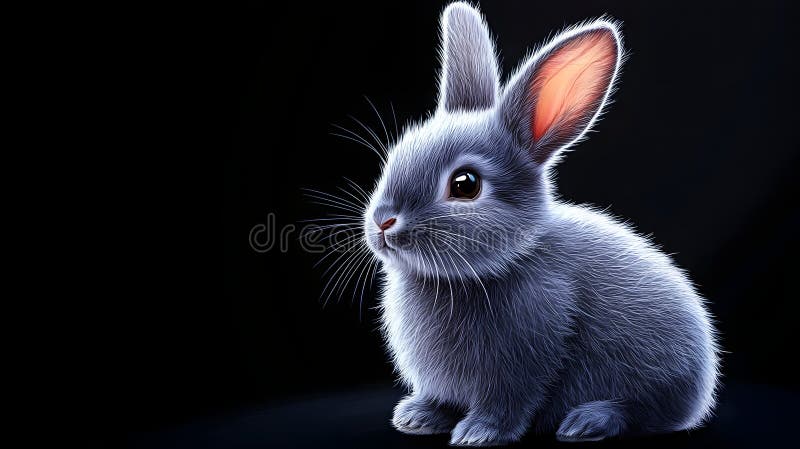 Cute Fluffy Gray Bunny with Big Eyes on Black Background Stock Image ...