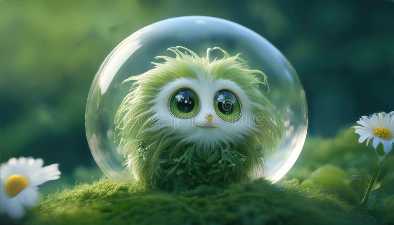 A Cute Fluffy Green Creature in a Glass Bubble on a Mossy Field. Stock ...