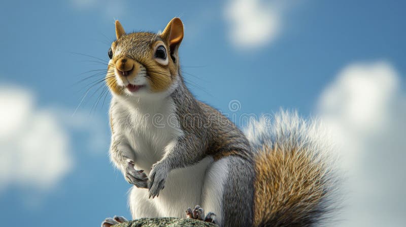 Cute Fluffy Grey Squirrel Sitting on Rock Against Blue Sky Stock ...