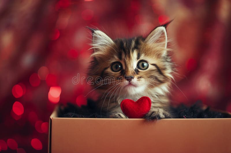 Cute Fluffy Kitten in Gift Box with Heart Stock Image - Image of ...