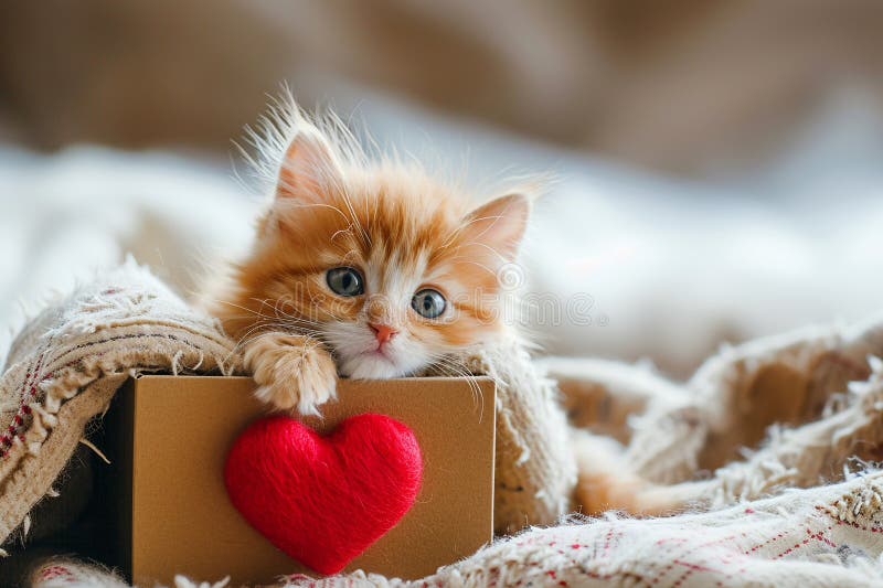 Cute Fluffy Kitten in Gift Box with Heart Stock Photo - Image of ...