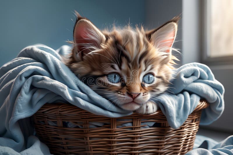Cute Fluffy Kitten Sleeping in the Laundry Basket Stock Photo - Image ...