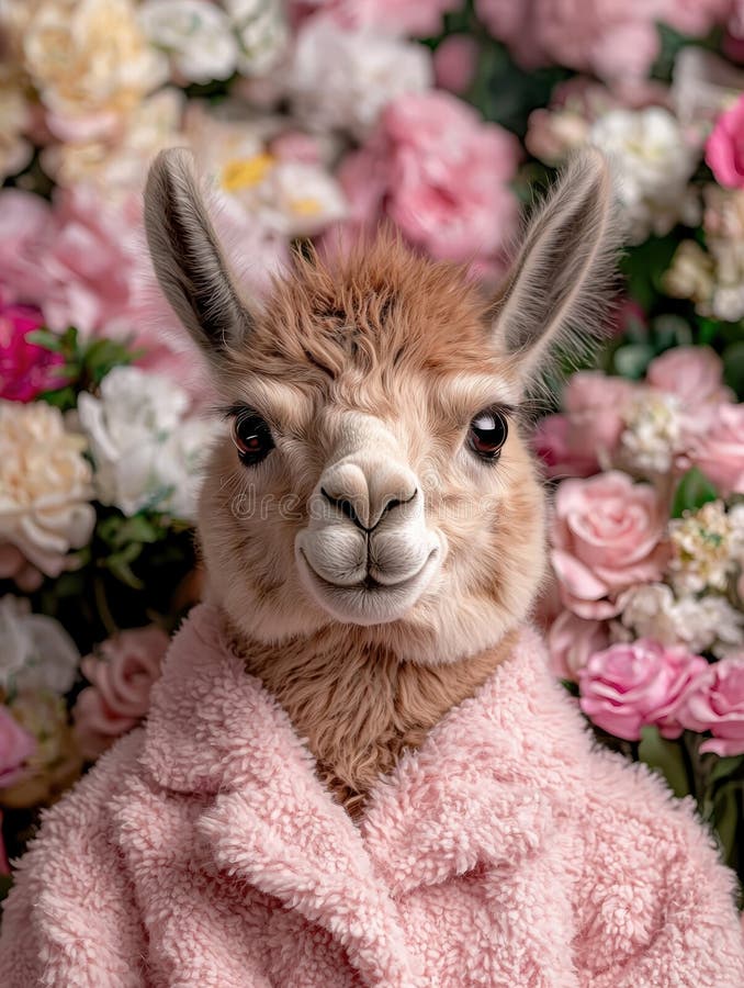 Cute Fluffy Llama Surrounded by Pink Flowers Stock Illustration ...
