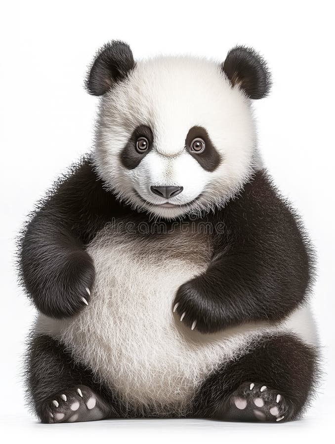 Cute, Fluffy Panda Sits with Curious Expression on White Background. Ai ...