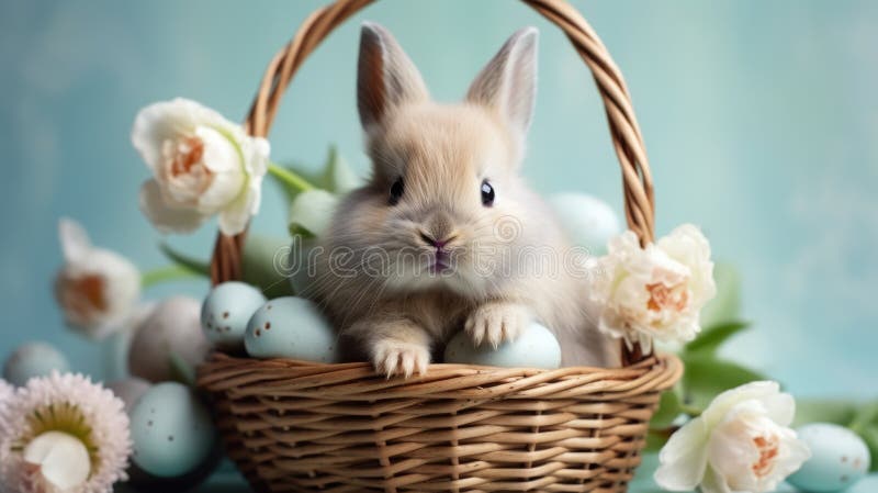 Cute Fluffy Rabbit in a Basket Full of Colorful Easter Eggs on a Blue ...