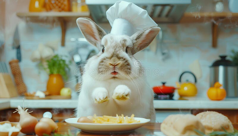 Cute Fluffy Rabbit Culinary Chef in the Kitchen Serving Food Stock ...