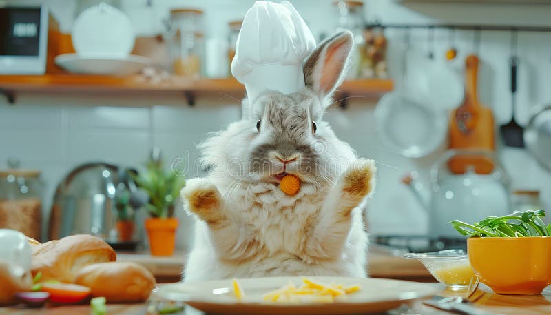 Cute Fluffy Rabbit Culinary Chef in the Kitchen Serving Food Stock ...