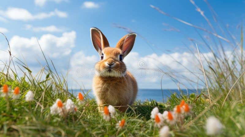 Cute Fluffy Rabbit on Green Meadow at the Sea Stock Illustration ...