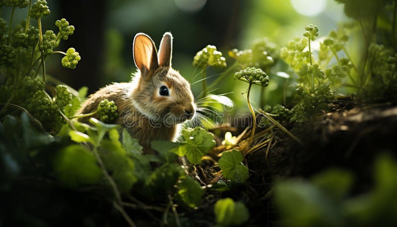 Cute Fluffy Rabbit Sitting in Green Grass, Looking at Sun Generated by ...