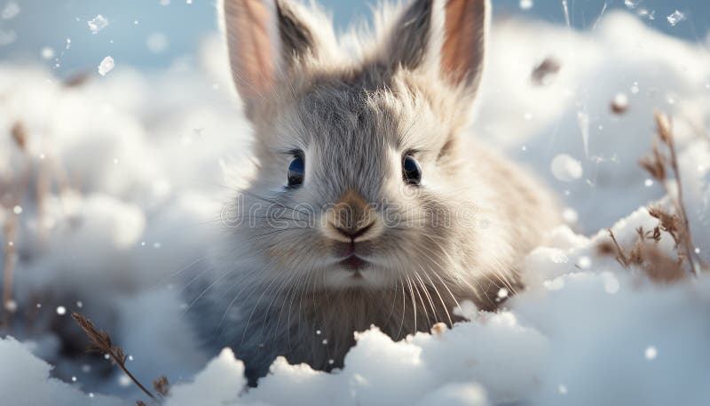 Cute Fluffy Rabbit Sitting in the Snow, Looking at Camera Generated by ...