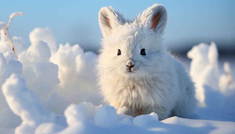 Cute Fluffy Rabbit in Snow, Looking at Camera, Outdoors Generated by AI ...