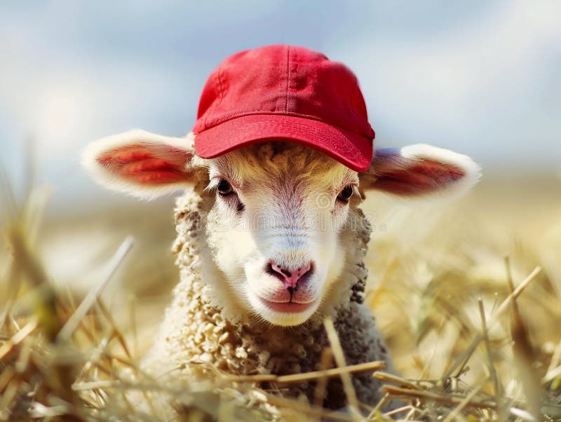 Cute Fluffy Ram with Curly Wool in Red Sports Baseball Cap Stock ...